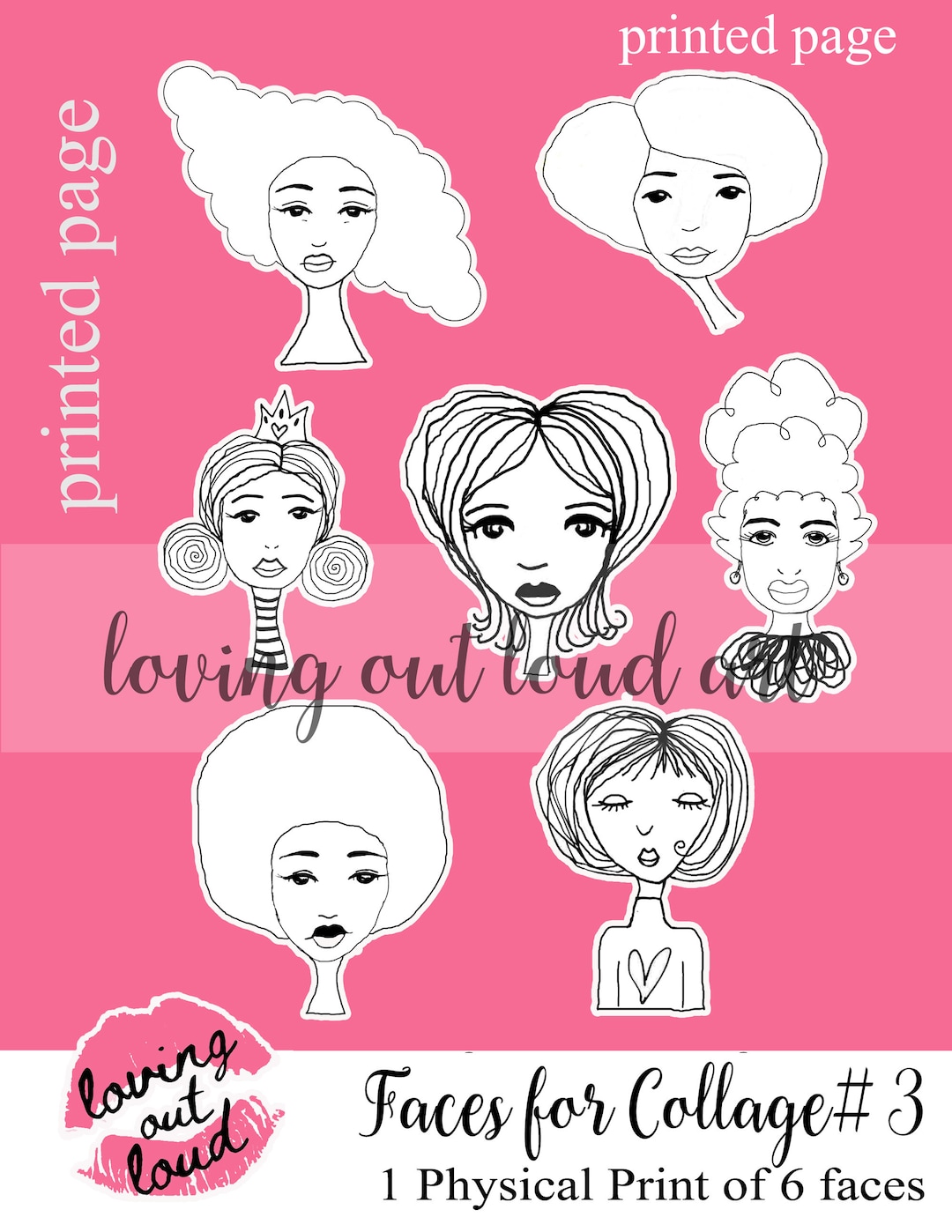 Hand Drawn Faces Collage Elements Collage Fodder Girl Faces PRINTED ...