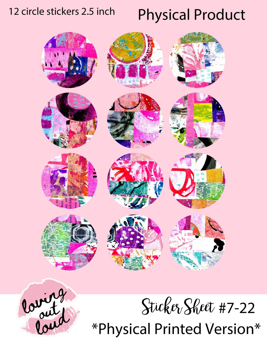 Circle Sticker Set #7-22 With Words 2.5 Circles Mixed Media Round Art ...