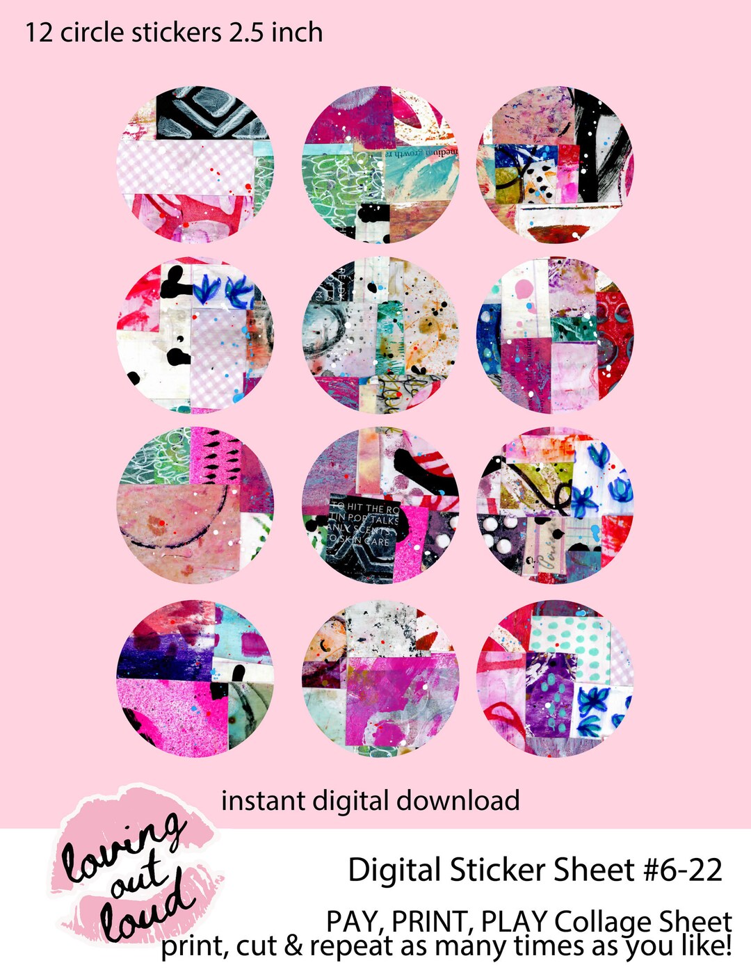 Mixed Media Art Stickers: 2.5" Round Collage Stickers (digital Download ...