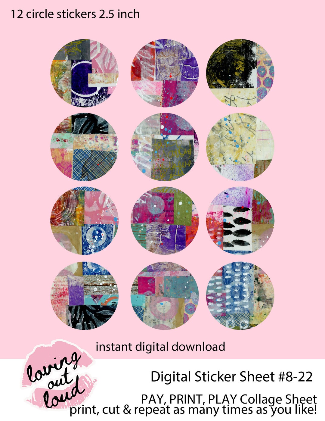 Mixed Media Art Stickers: 2.5" Round Collage Stickers (digital Download ...