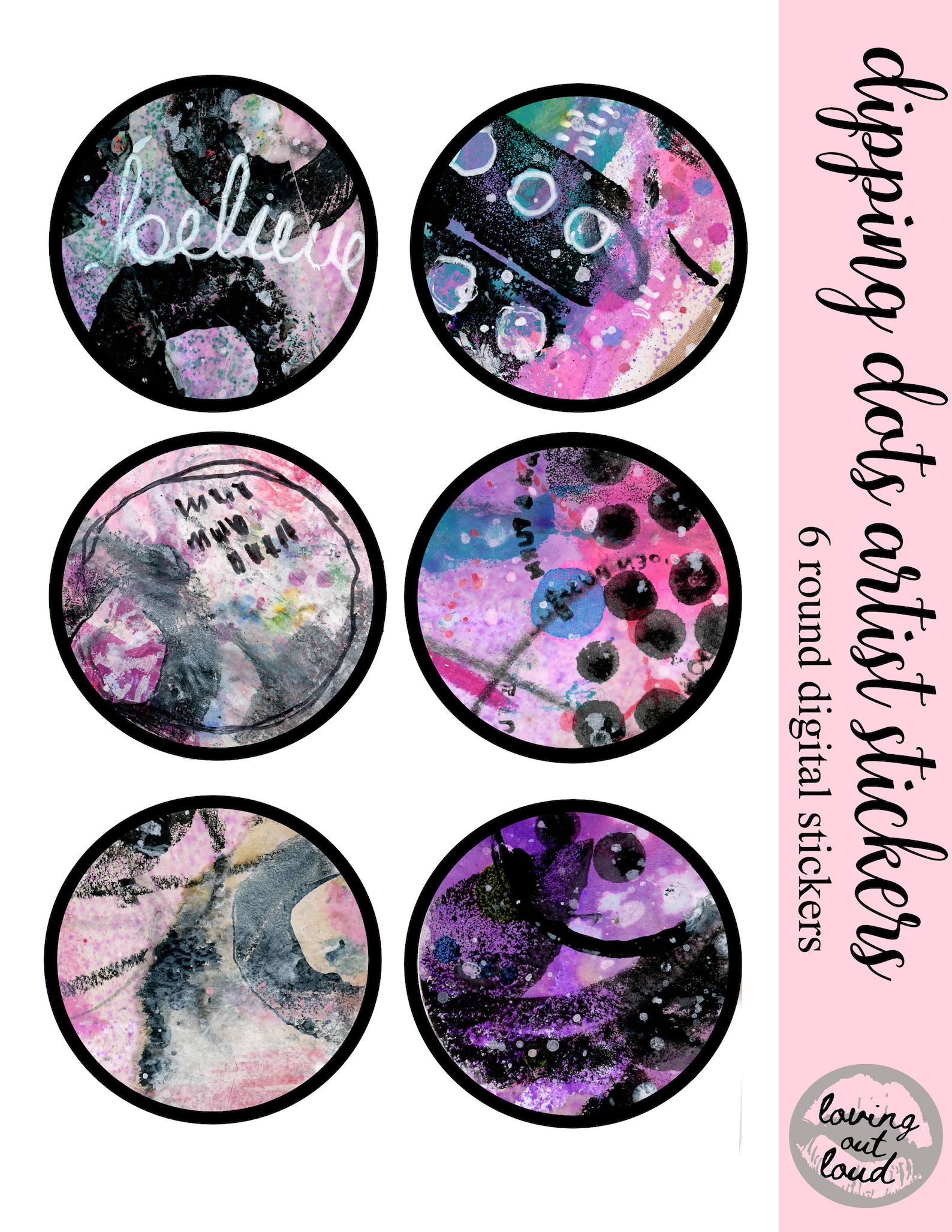 Mixed Media Round Art Digital Stickers Set of 6 Digital Printable Artsy ...