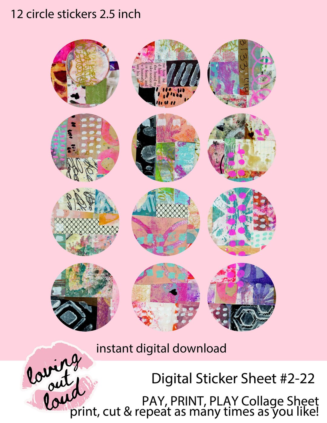 Digital Sticker Set #2-22 2.5 Circles Mixed Media Round Art Digital ...