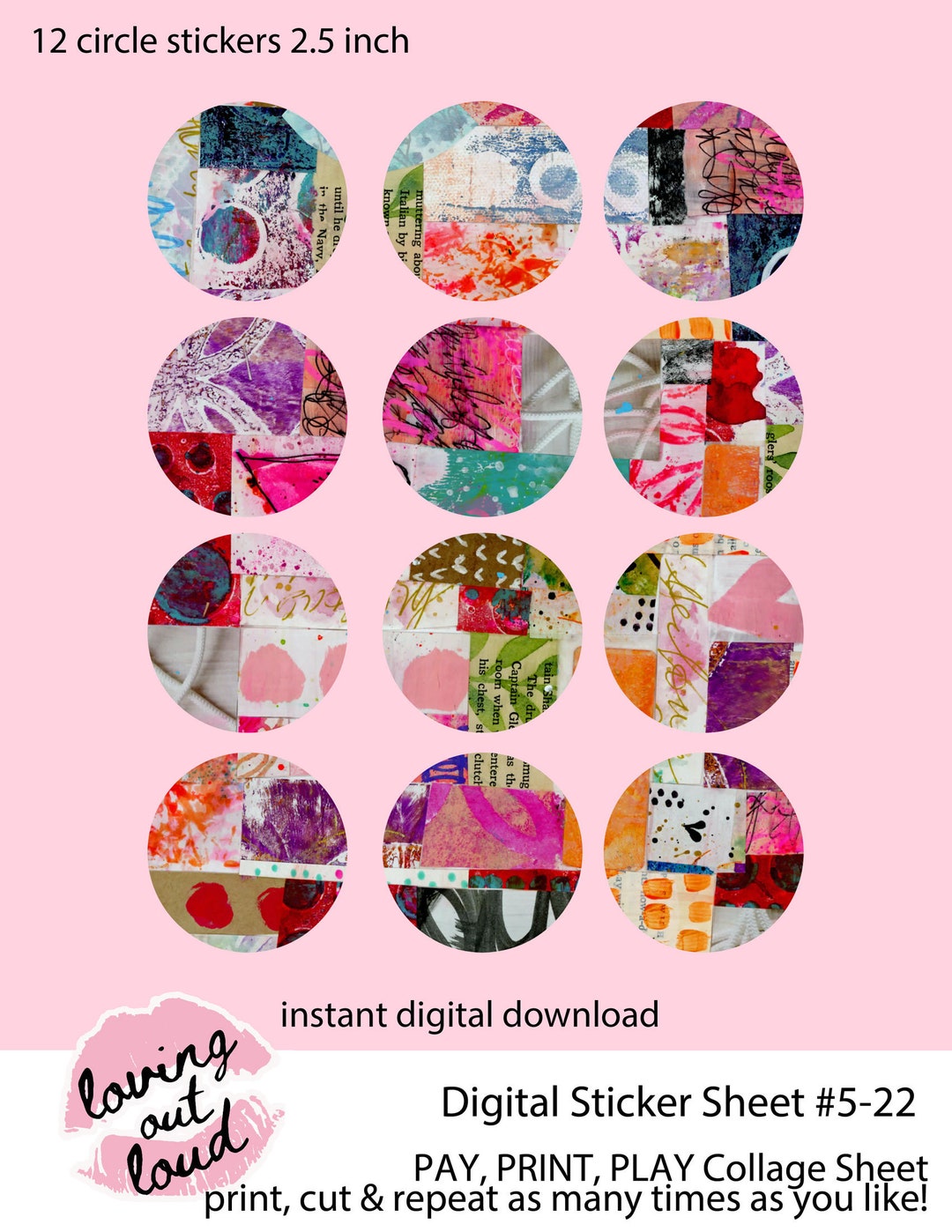 Mixed Media Art Stickers: 2.5" Round Collage Stickers (digital Download ...
