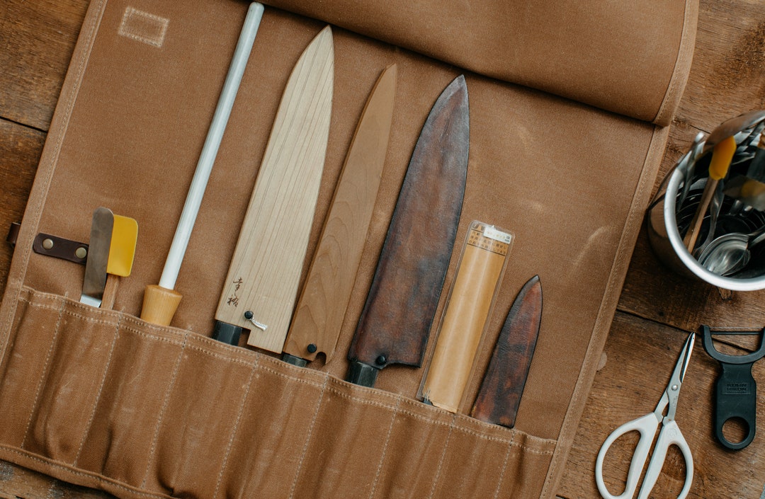 Waxed Canvas and Leather Chef Knife Tool Roll Bag- Kitchen Storage ...