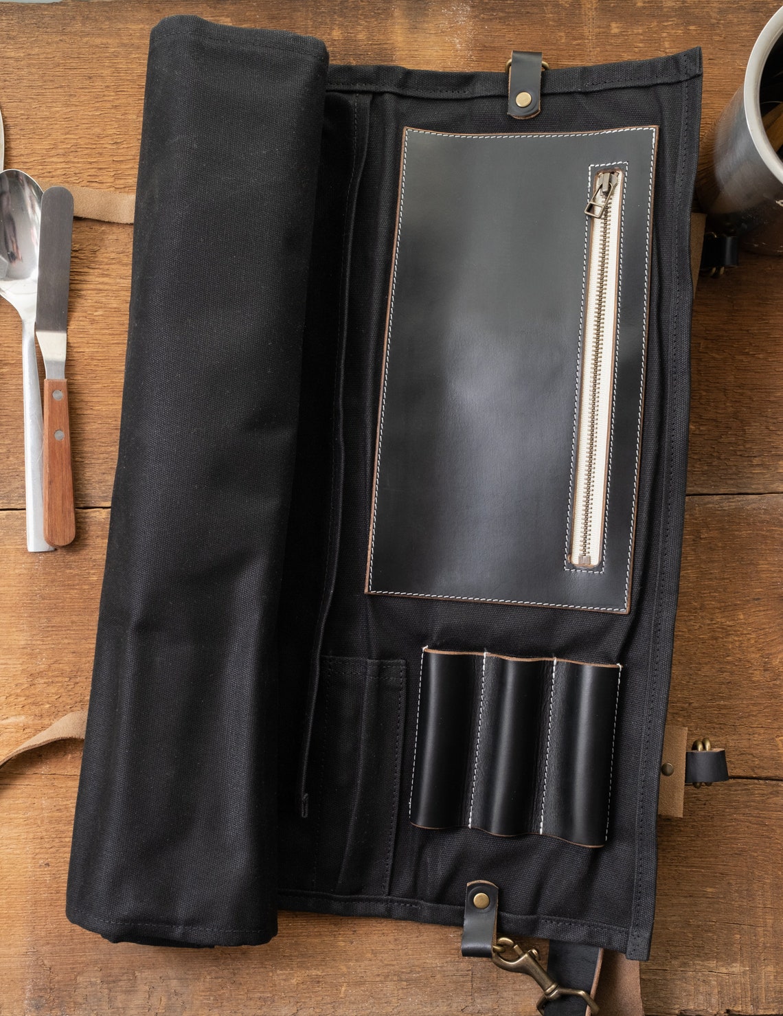 Waxed Canvas and Leather Chef Knife Roll- Black on Black - Etsy
