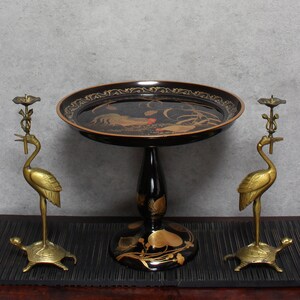 Japanese Antique Black and Gold Lacquer High Footed Offering Stand With ...