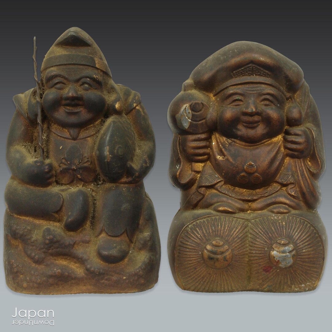 Antique Metal Money Boxes - Japanese Lucky Gods Ebisu and Daikoku - Etsy