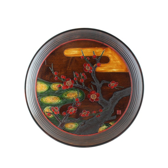 Japanese wood plate japanese flowers double sided decoration | Etsy