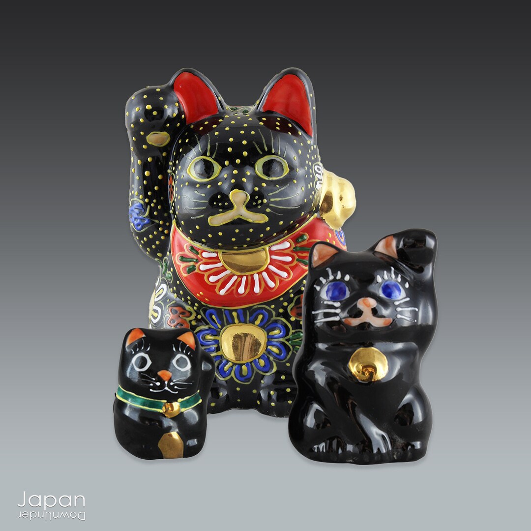 Japanese Miniature Black Kutani Maneki Neko Beckoning Cat Three Piece ...