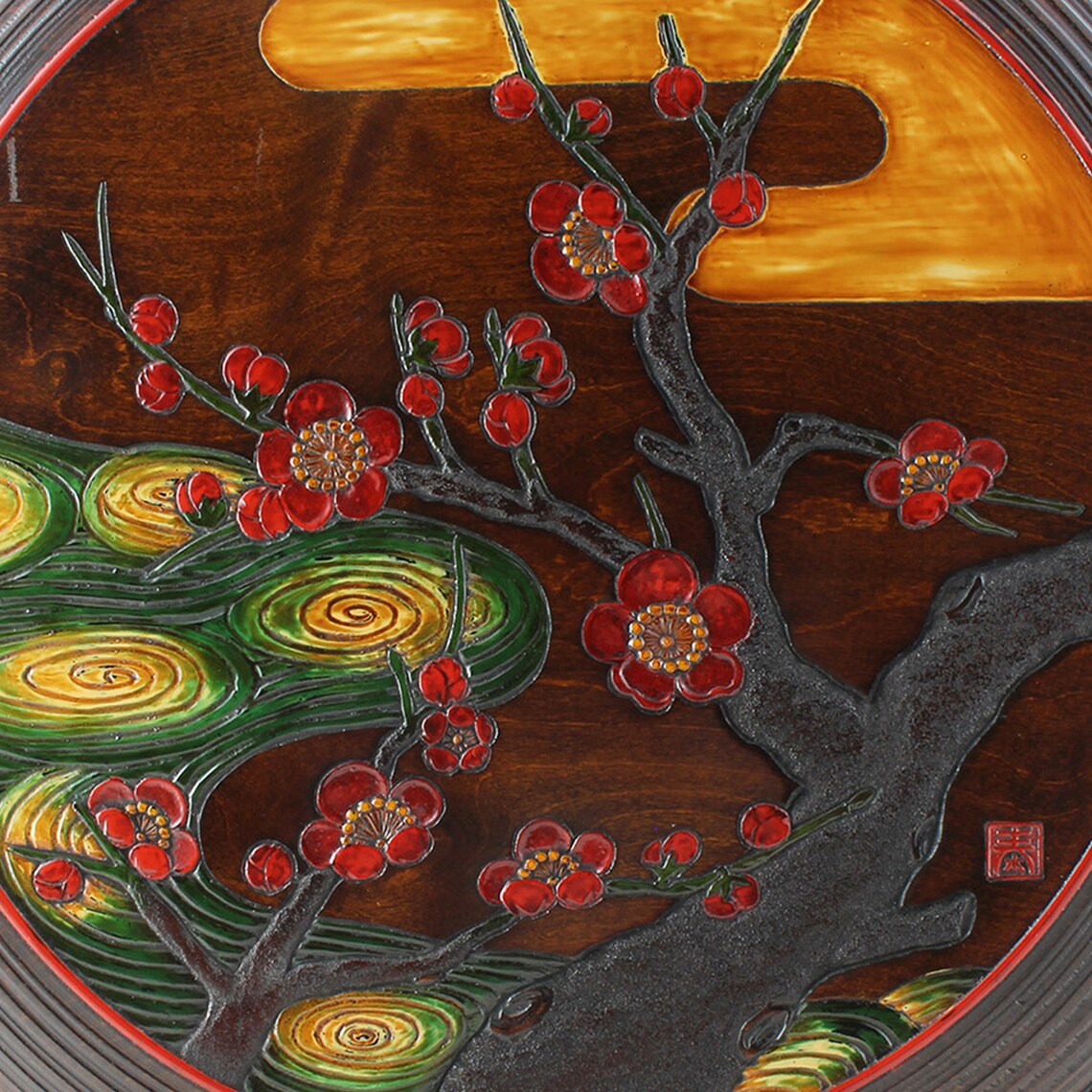 Japanese Wood Plate Japanese Flowers Double Sided Decoration | Etsy