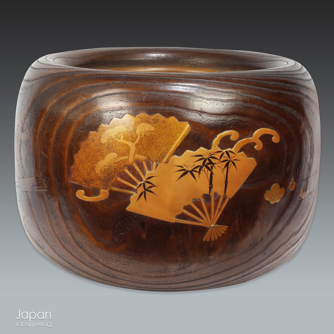 Japanese Antique Hibachi Heating Pot With Gold Lacquer Fans Pine Plum ...