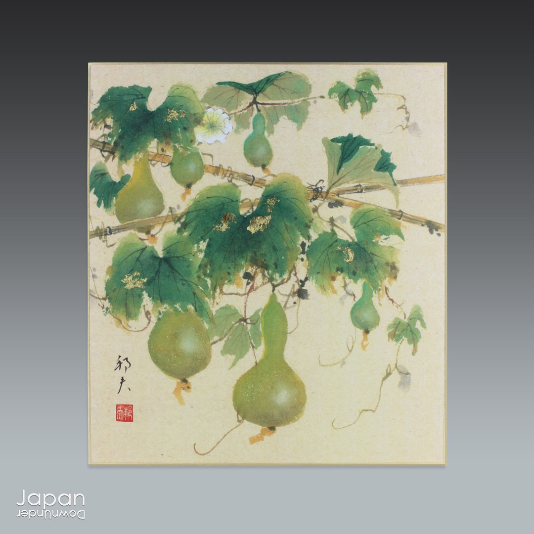 Japanese Watercolor With Lucky Green Gourds on a Bamboo Trellis and ...