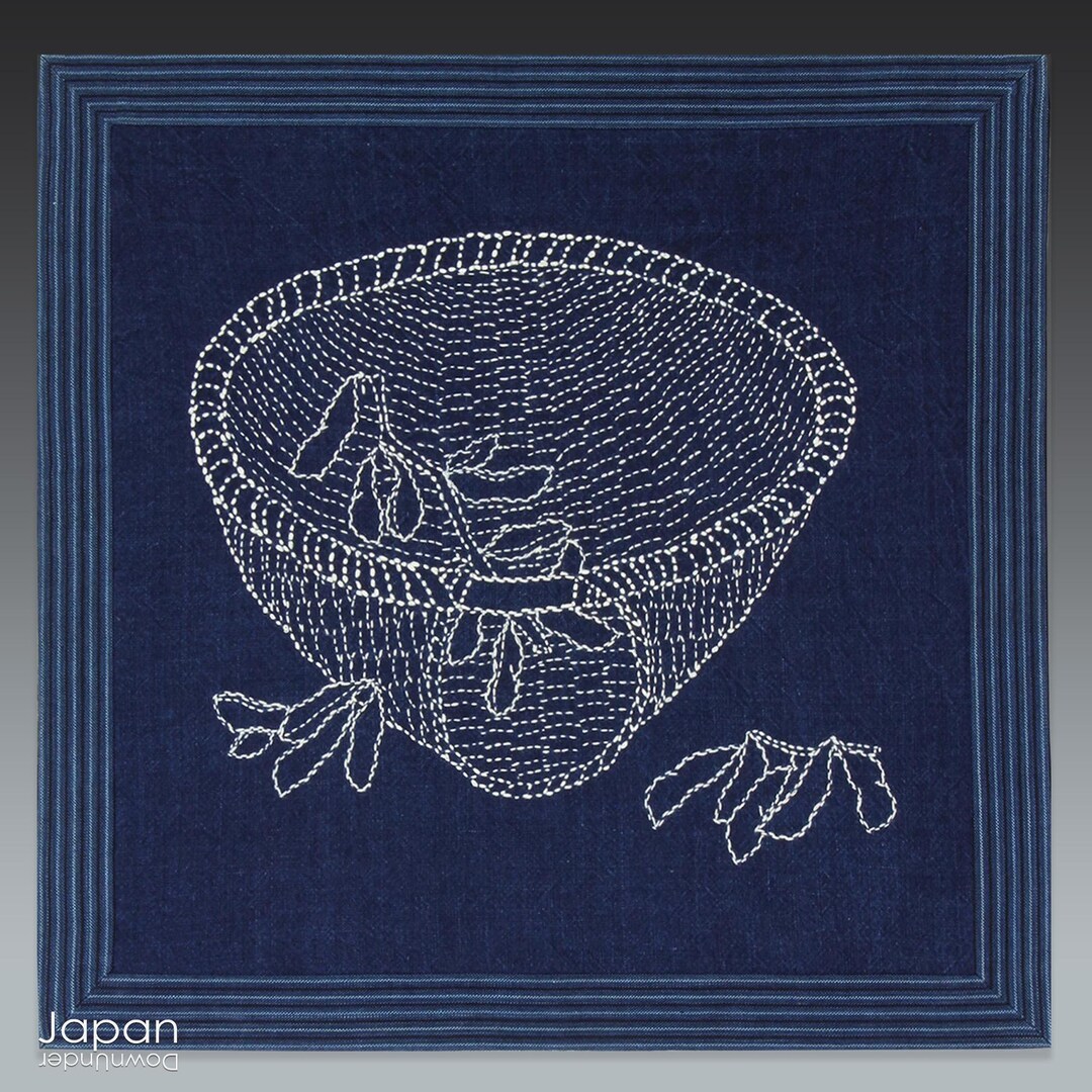 Japanese Sashiko Indigo Textile: Edamame Basket, Aizome Kimono Fabric ...