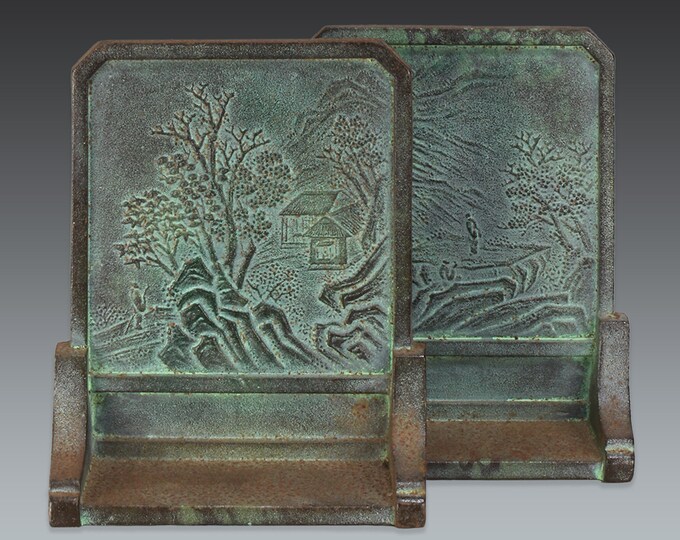 Vintage Japanese Cast Bronze Bookends With Japanese Country Mountain ...