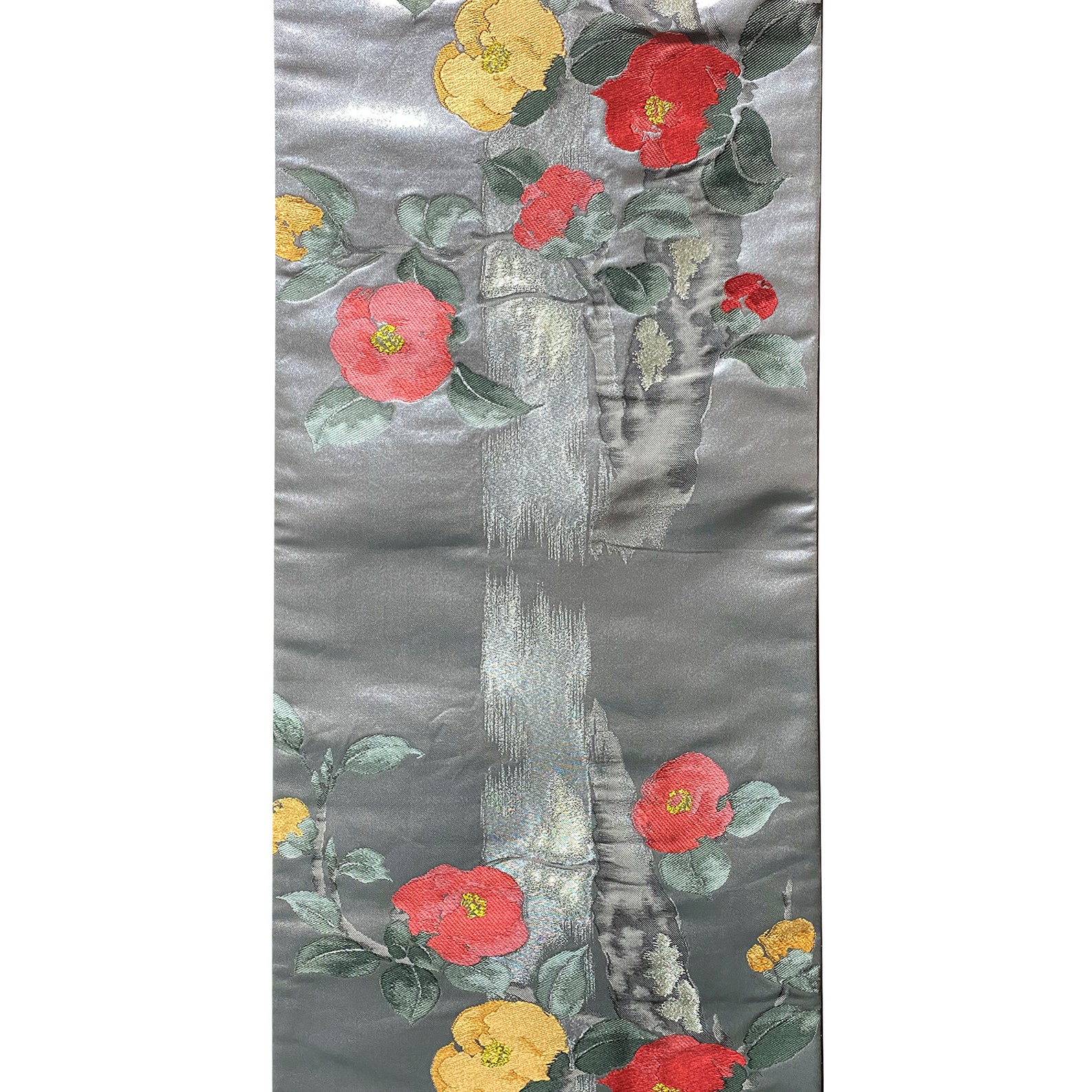 Vintage Japanese Obi With Red and Yellow Camellias on Silver Background ...