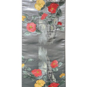 Vintage Japanese Obi With Red and Yellow Camellias on Silver Background ...