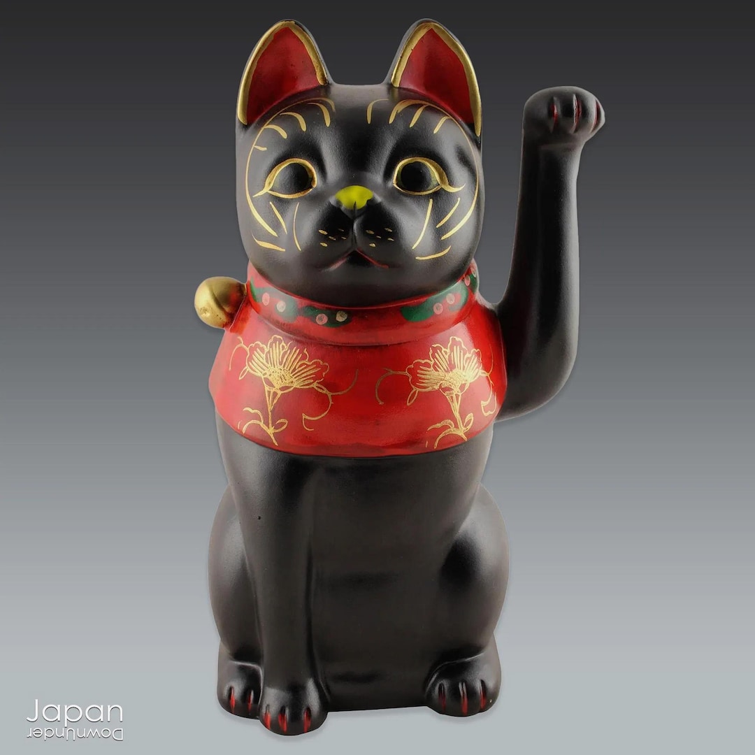 Hand Painted Black Maneki Neko Statue- Japanese Lucky Cat Figurine - Etsy