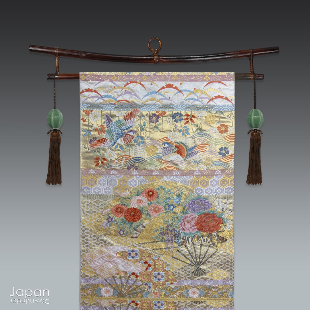 Japanese Vintage Obi With Pink and Purple Flowers and Mandarin Ducks ...