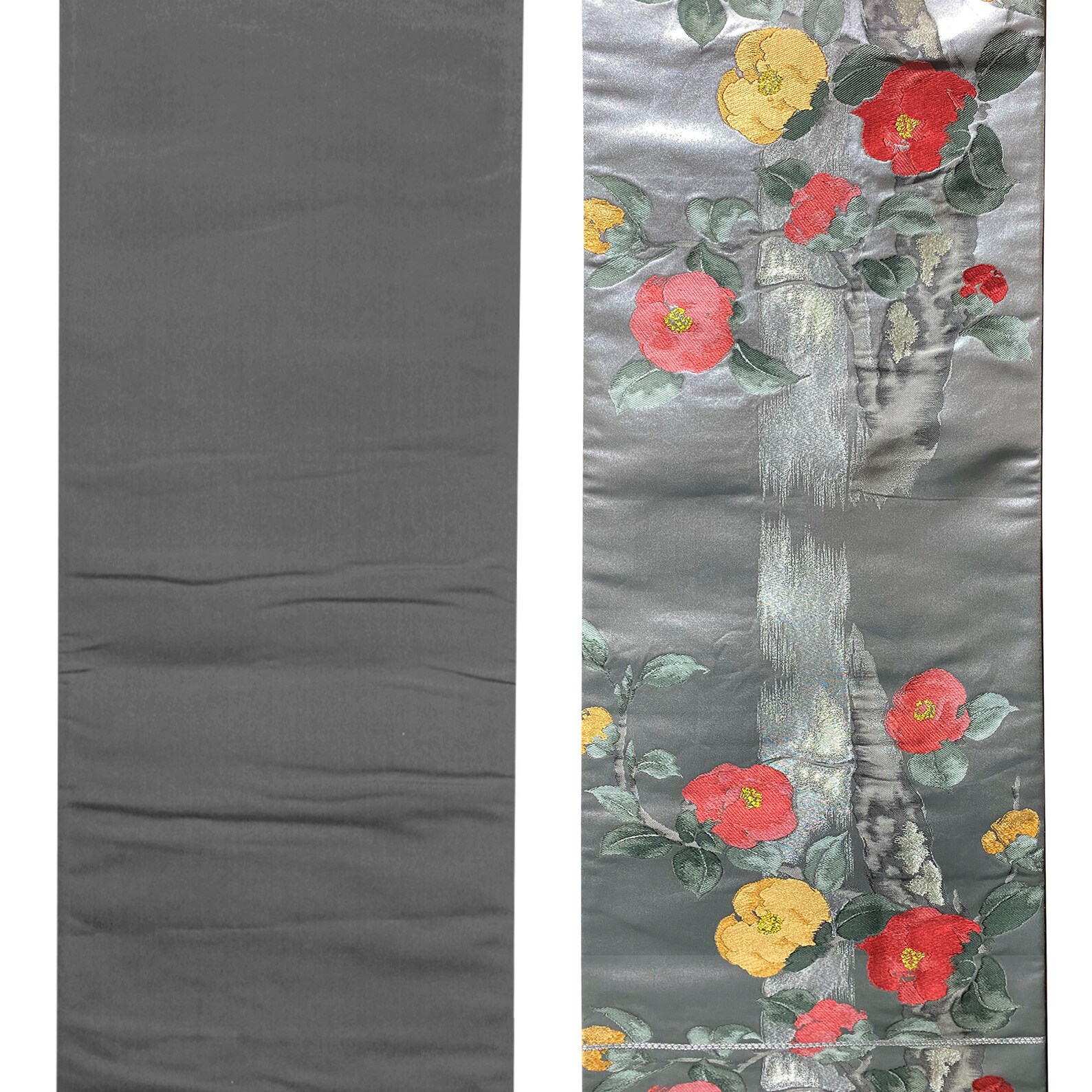 Vintage Japanese Obi With Red and Yellow Camellias on Silver Background ...