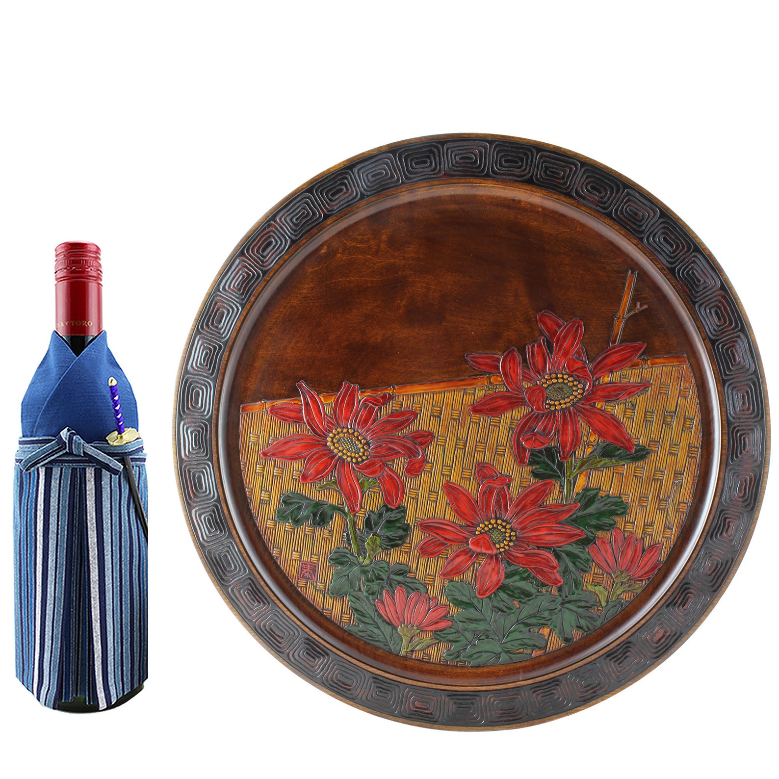 Japanese Wood Plate Japanese Flowers Double Sided Decoration | Etsy