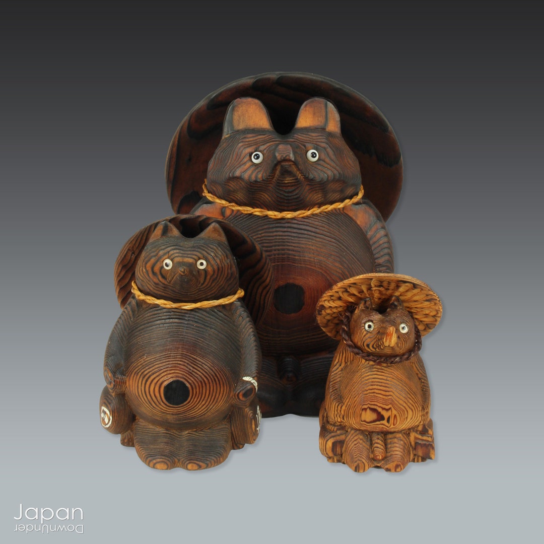 Japanese Antique Tanuki Collection, Three Cypress Wood Japanese Folk ...