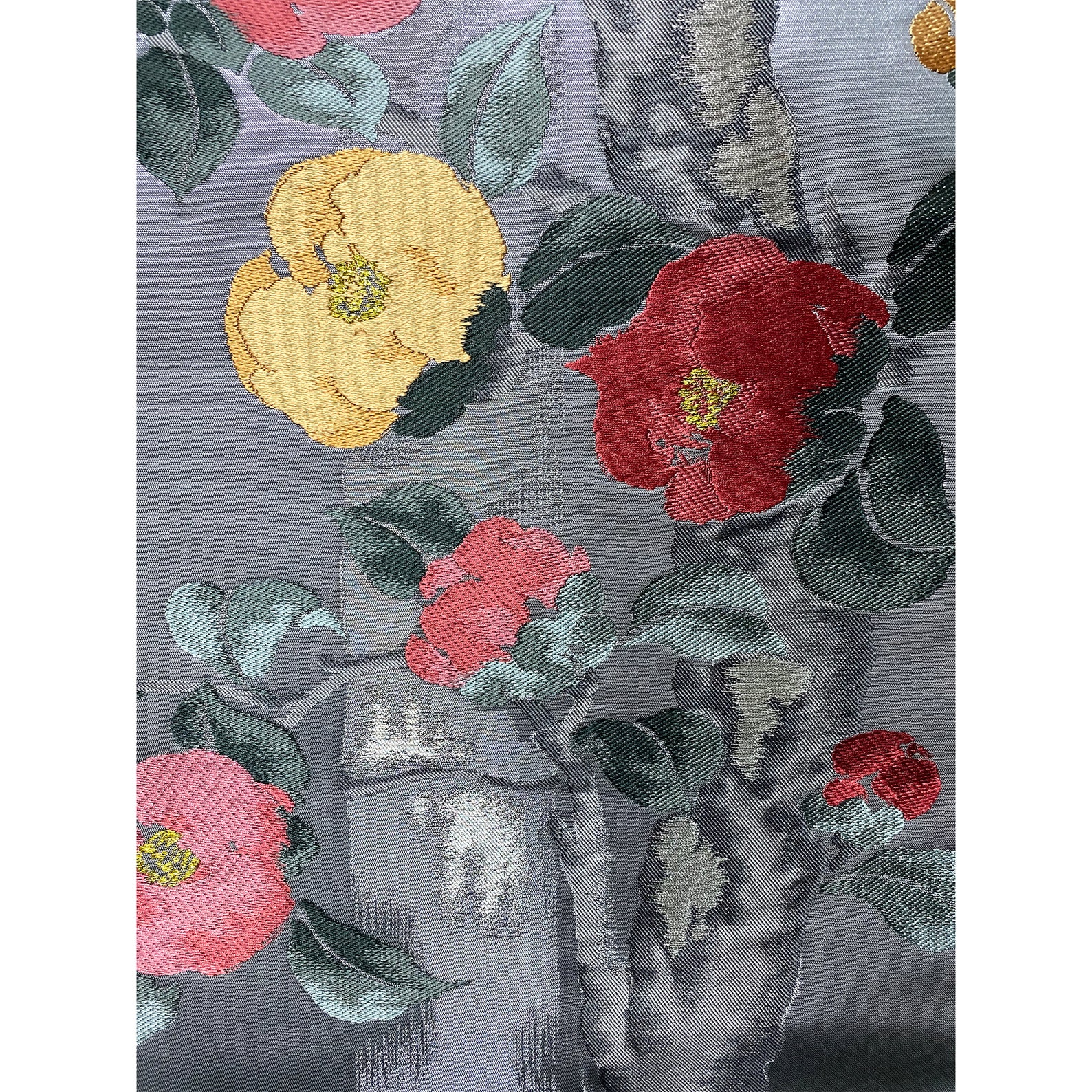 Vintage Japanese Obi With Red and Yellow Camellias on Silver Background ...