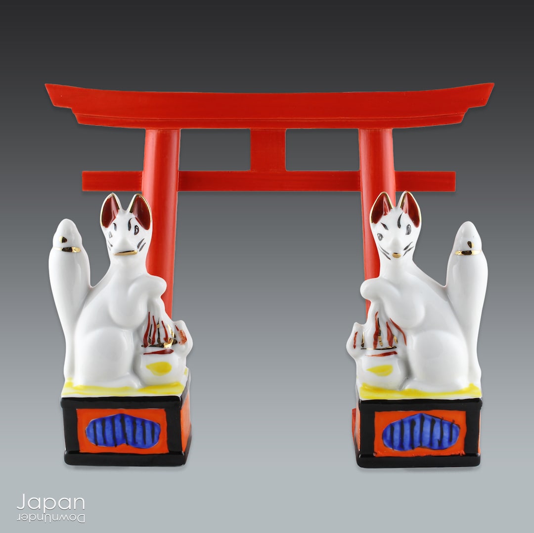 Japanese Ceramic Inari Fox Pair With Red Wooden Torii Gate, Japanese ...