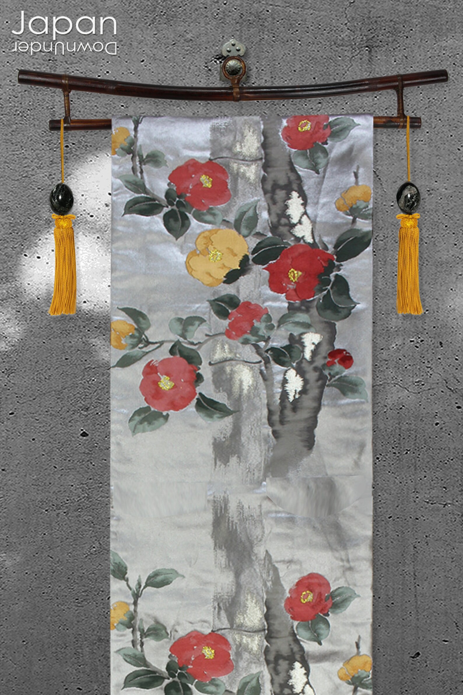 Vintage Japanese Obi With Red and Yellow Camellias on Silver Background ...