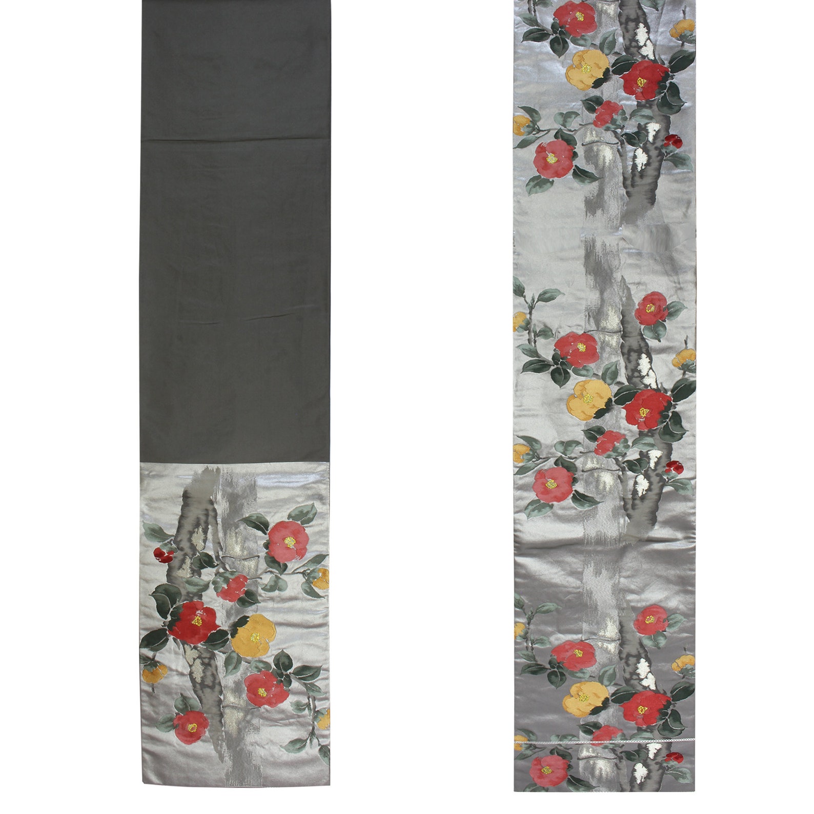 Vintage Japanese Obi With Red and Yellow Camellias on Silver Background ...