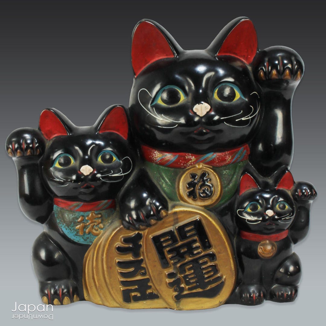 Antique Maneki Neko Trio, Three Black Lucky Cats - Etsy