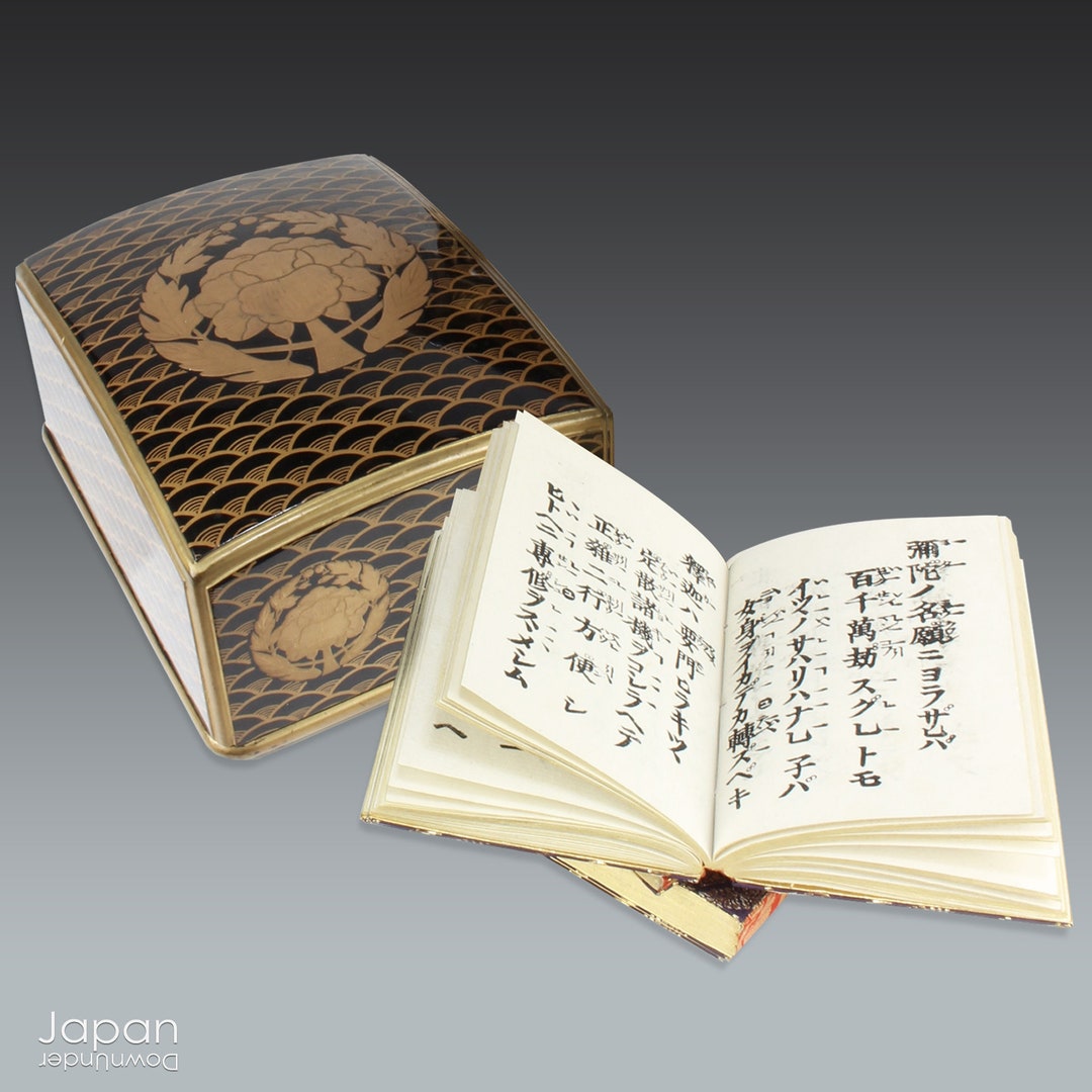 Japanese Antique Sutra Box With Scripture Books, Black Lacquer and Gold ...