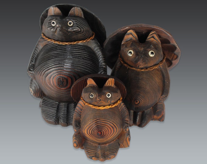 Japanese Antique Tanuki Collection, Three Wood Raccoon Dog Figures - Etsy