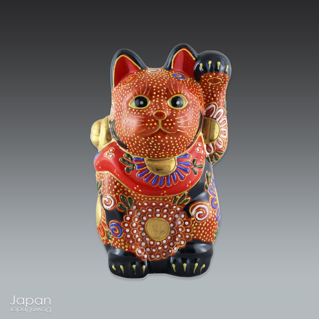 Red Kutani Maneki Neko Beckoning Cat With Chrysanthemums - Etsy