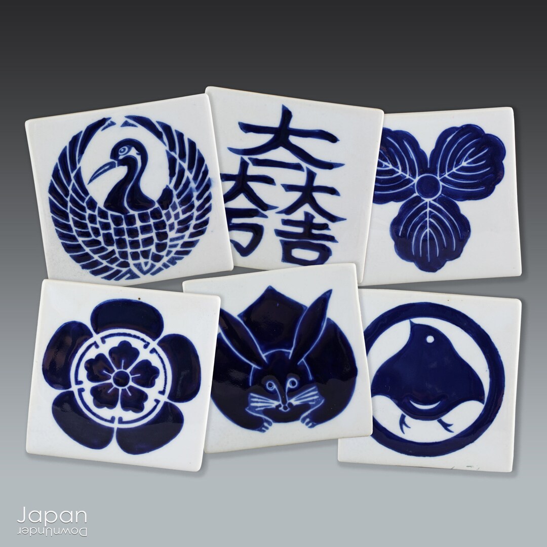 Japanese Mon Ceramic Coaster Set: Indigo Family Crest Tiles - Etsy