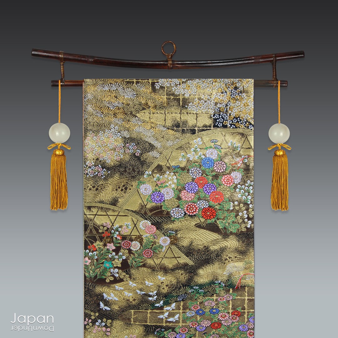 Unused Vintage Japanese Obi With Seasonal Flowers on Bamboo Trellis and ...