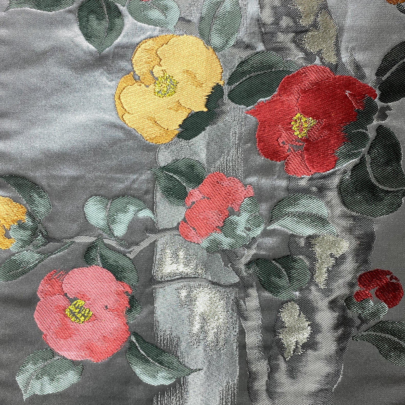 Vintage Japanese Obi With Red and Yellow Camellias on Silver Background ...