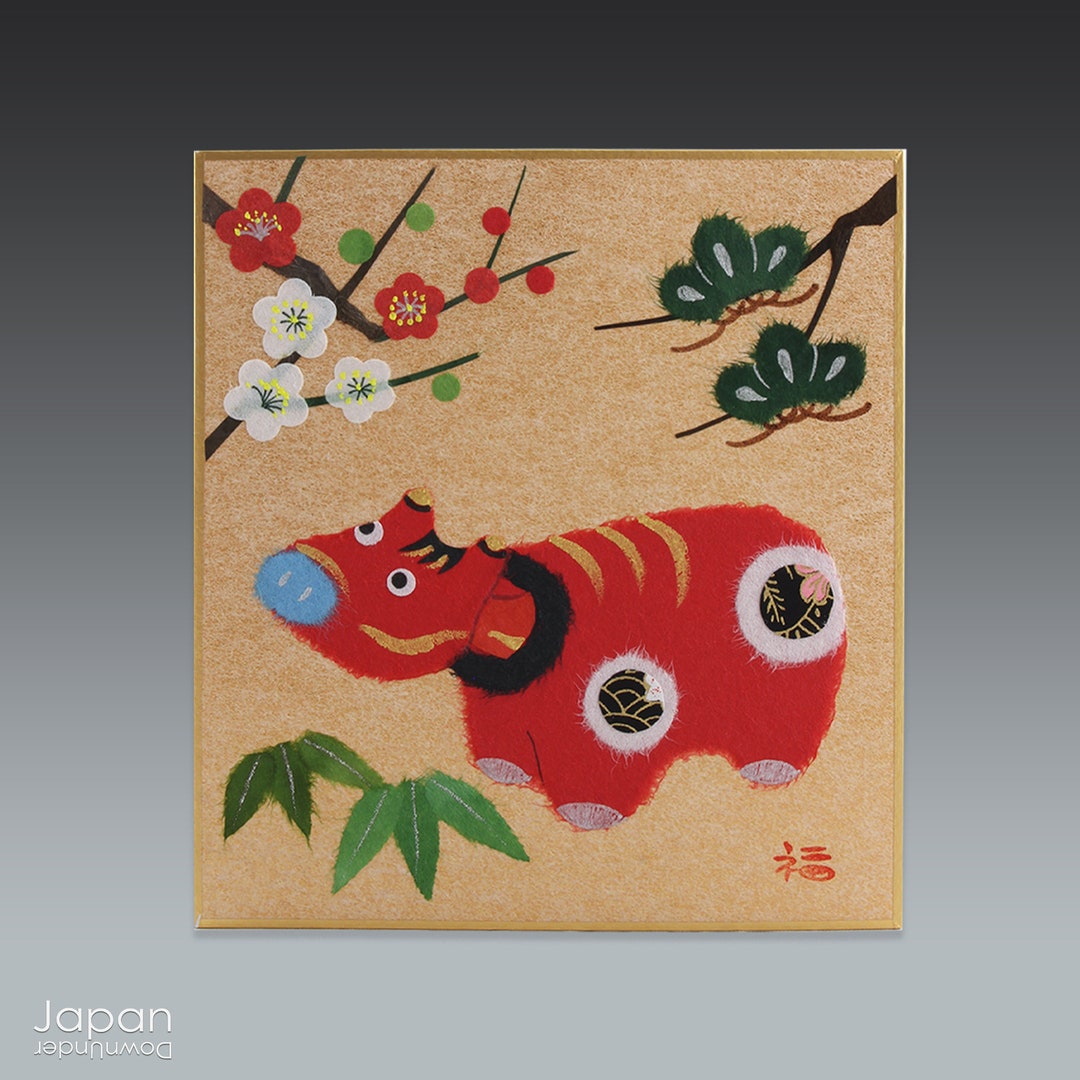 Year of the Cow Mini Shikishi Art Board, Chigirie Akabeko Cow on Gold ...