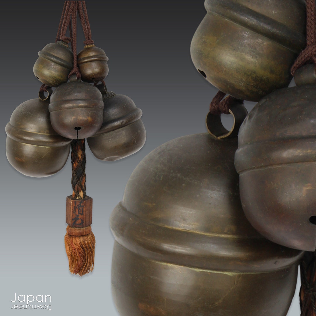 Japanese Antique Shinto Bell Collection With Suzuo Rope, Meiji Era Suzu ...