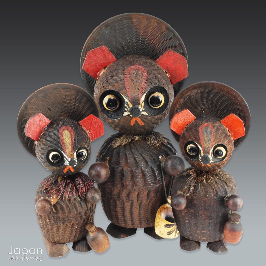 Antique Japanese Tanuki Wood Carvings Trio - Folk Art Lucky Charms - Etsy
