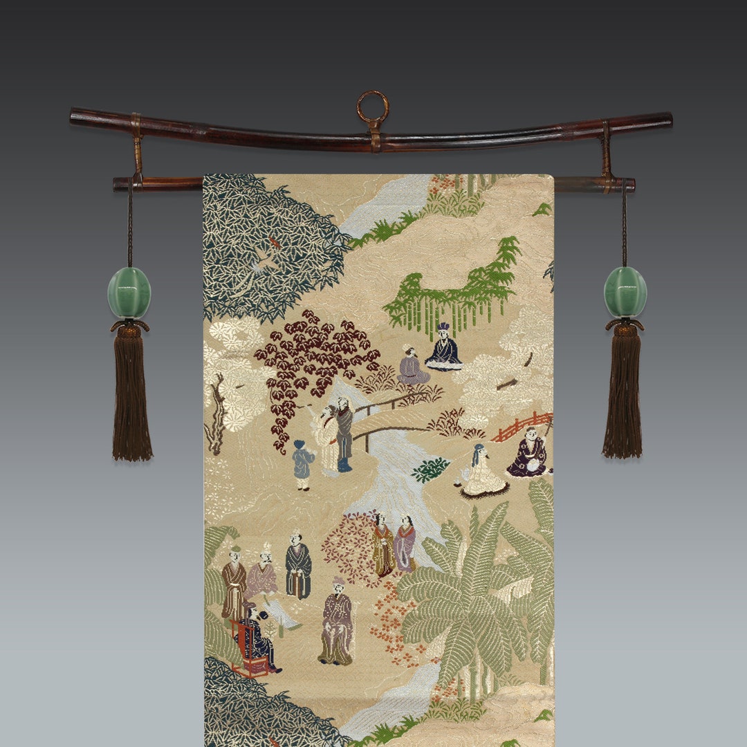 Vintage japanese obi, kimono obi belt, palm tree obi, people obi, silk ...