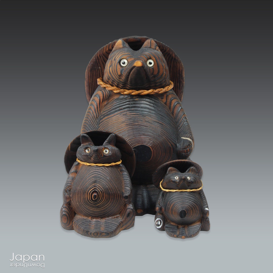 Antique Tanuki Collection, Three Cypress Wood Japanese Folk Craft ...