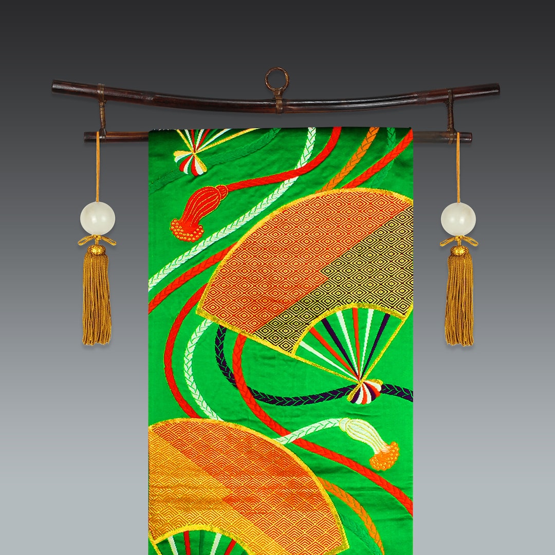 Vintage Green Fukuro Obi Sash: Japanese Fan Wall Hanging - Etsy