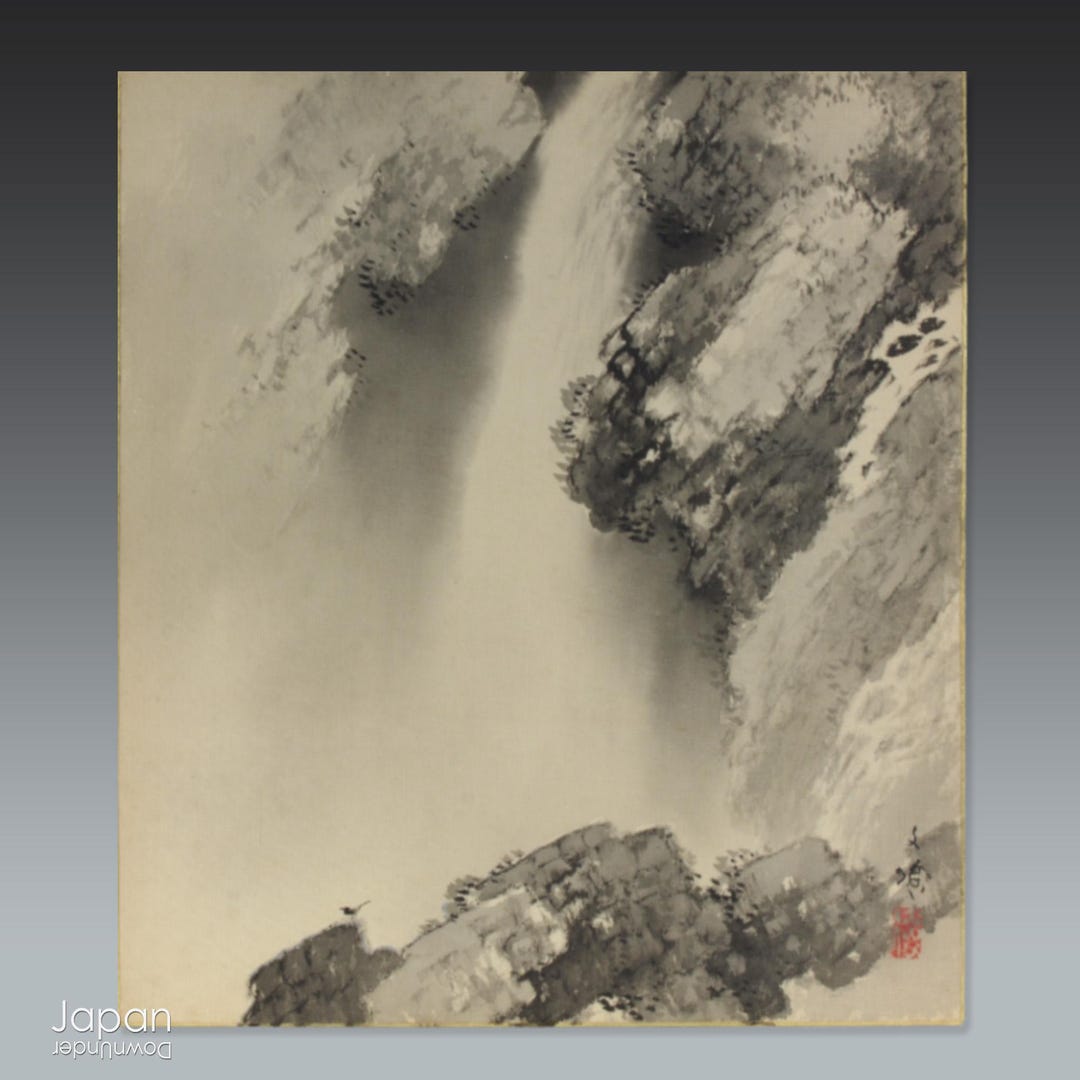 Antique Japanese Ink Painting on Silk Shikishi - Waterfall and Mountain ...