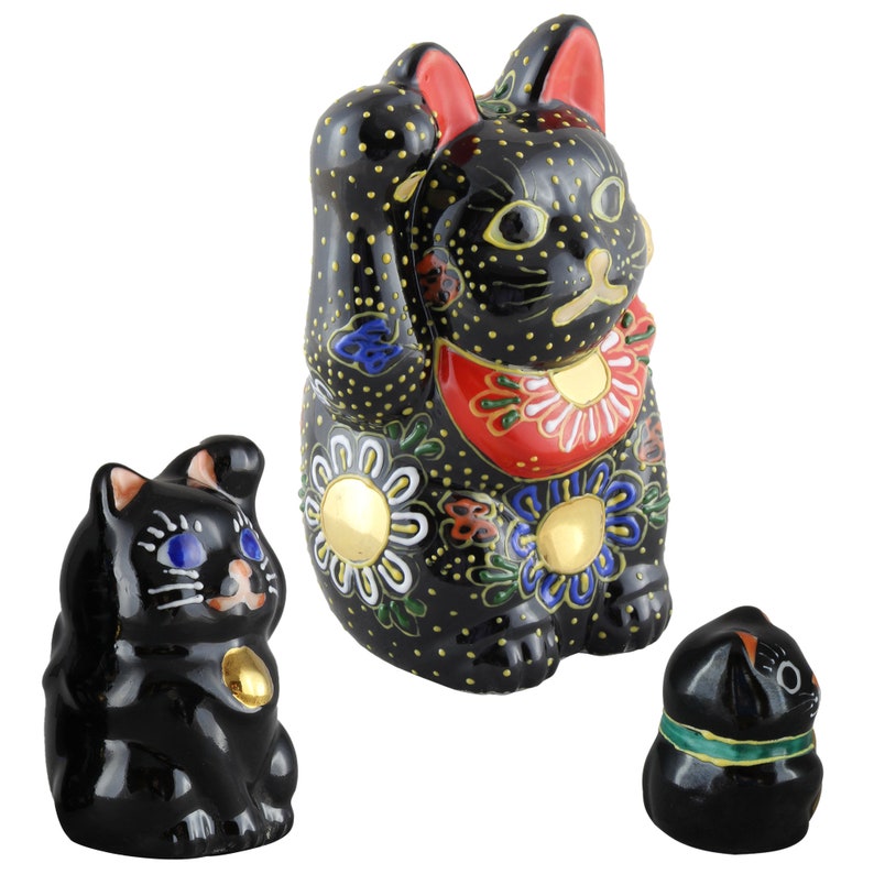 Japanese Miniature Black Kutani Maneki Neko Beckoning Cat Three Piece ...
