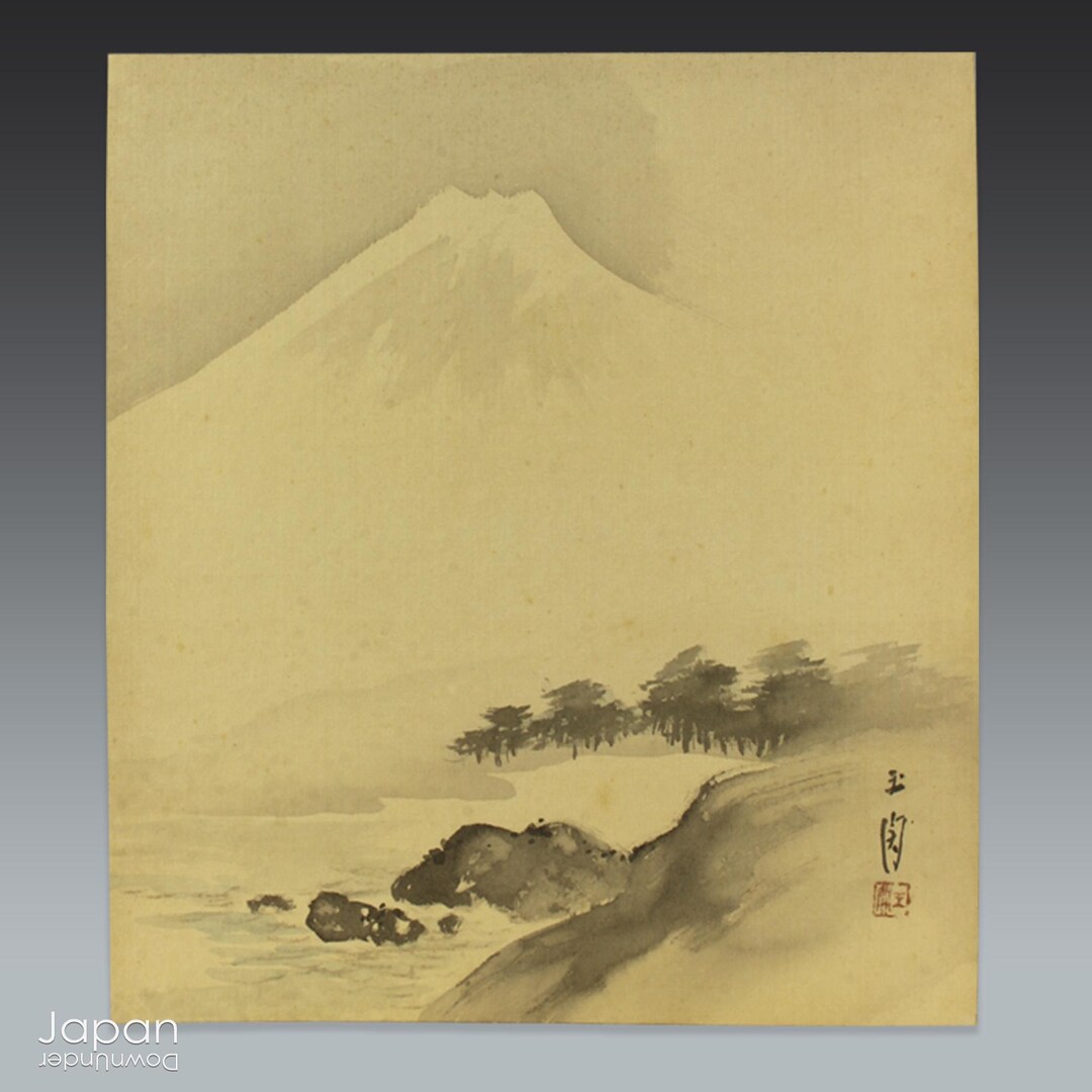 Antique Japanese Ink Painting on Silk Shikishi - Water & Mountain ...