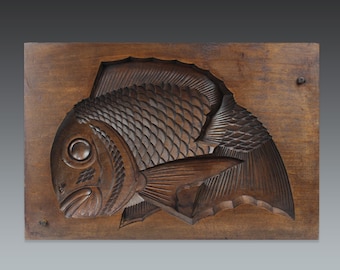 Large Japanese Antique Kashigata, Hand Carved Tai Fish Sweet Mold With ...
