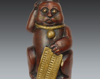 Rare Japanese Antique Bamboo Maneki Neko Beckoning Cat With Gold Abacus Etsy UK