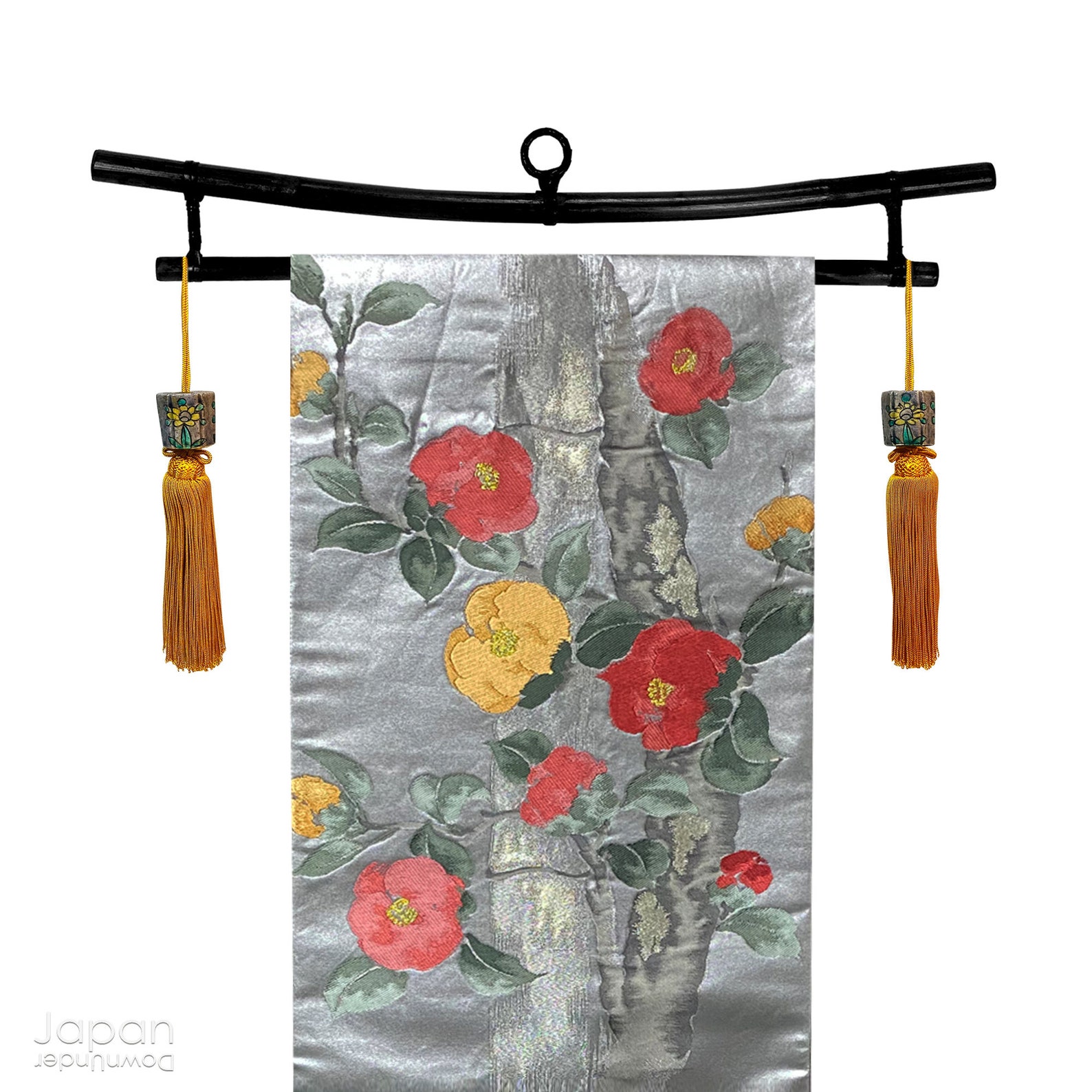 Vintage Japanese Obi With Red and Yellow Camellias on Silver Background ...