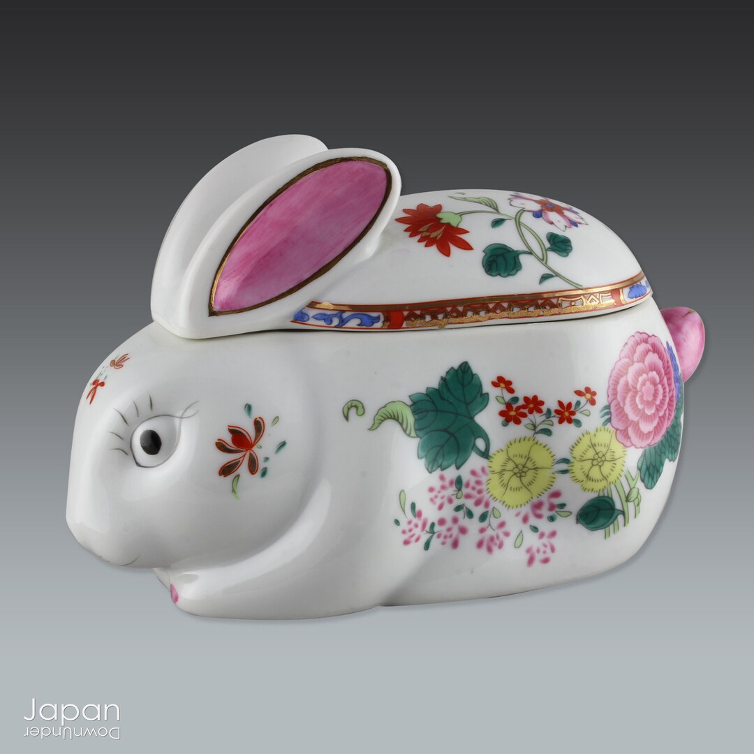 Floral Rabbit Trinket Box, Seto Ware Rabbit Ornament, Japanese Ceramic ...