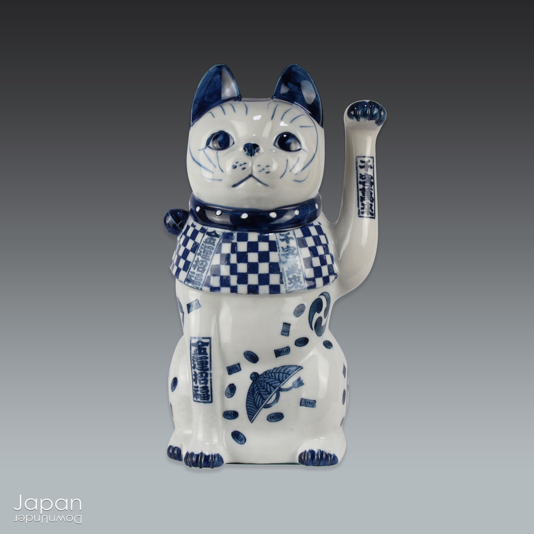 Japanese Lucky Cat - Blue and White Maneki Neko Cat Decor - Etsy